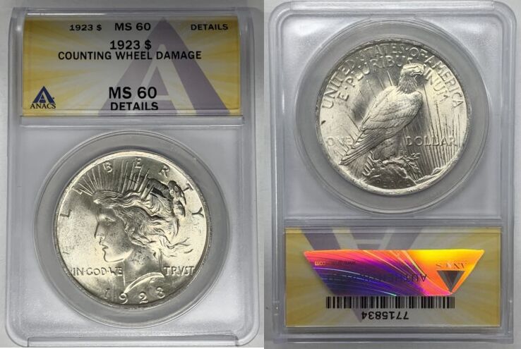 USA Dollar 1923 Peace Silver Coin ANACS MS 60 Details Damaged Looks Better | MA-Shops