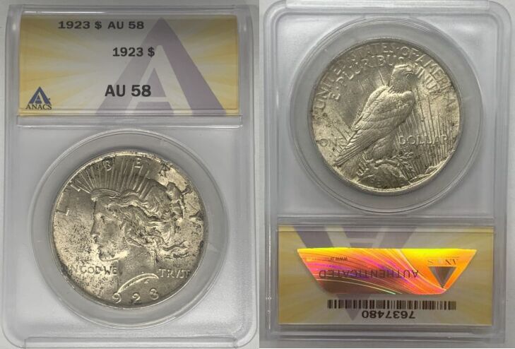 USA Dollar 1923 Peace Silver Coin ANACS AU 58 Looks Better | MA-Shops