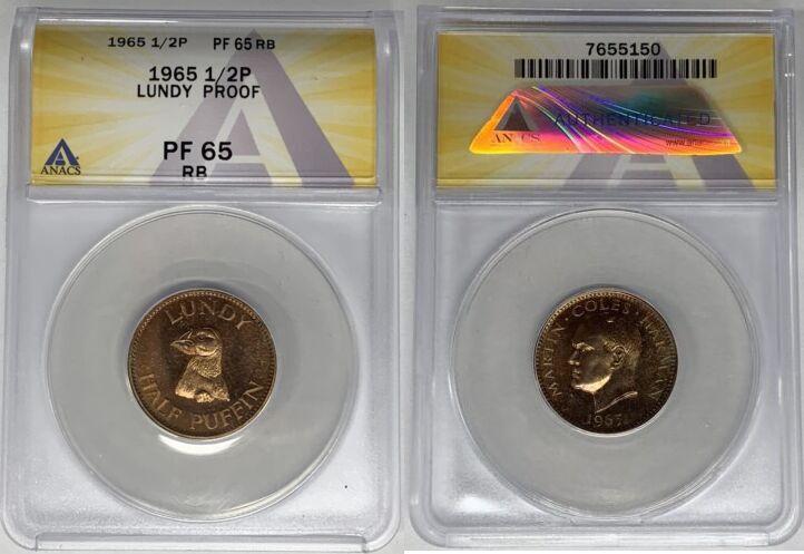 Weltmünzen 1965 Lundy Half Puffin Coin ANACS PR 65 RB W8 | MA-Shops
