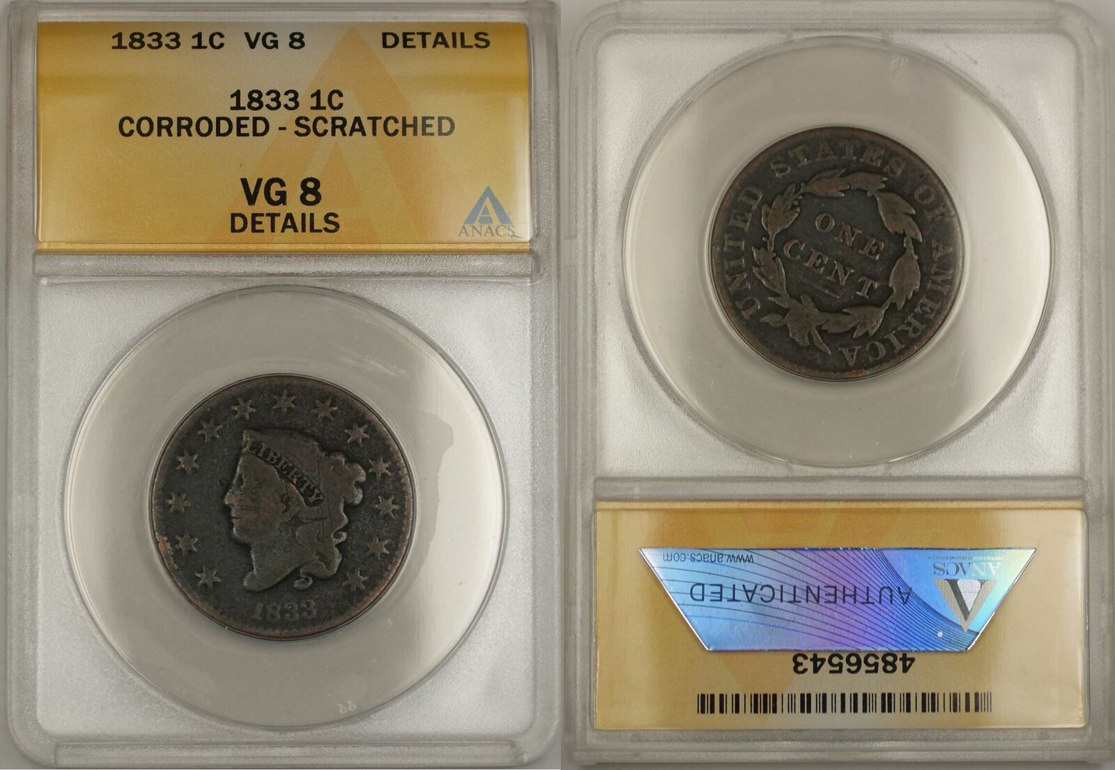 USA Large Cent 1833 Coronet Head 1C Coin ANACS VG 8 Details Corroded ...