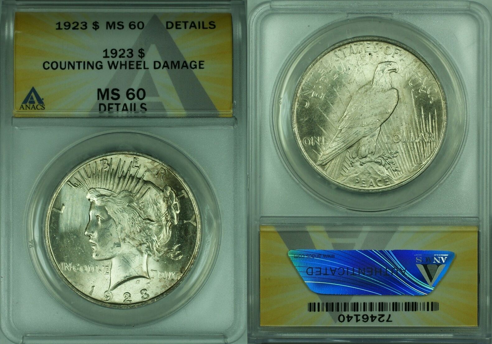 USA Dollar 1923 Peace Silver S$1 ANACS MS-60 Details Wheel Damage | MA-Shops