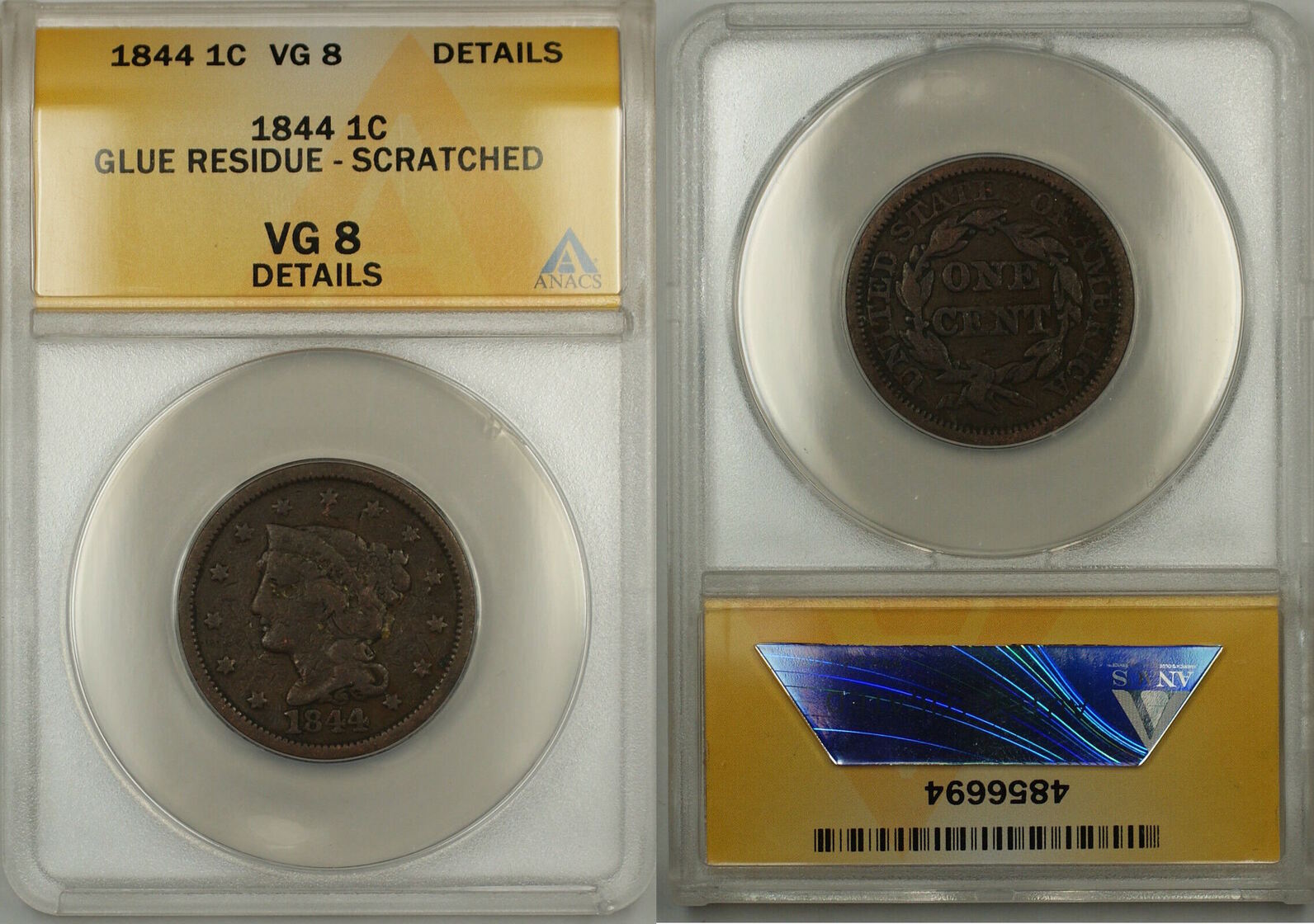 USA Large Cent 1844 Braided Hair 1c Coin ANACS VG-8 Details Scratched Glue Residue | MA-Shops