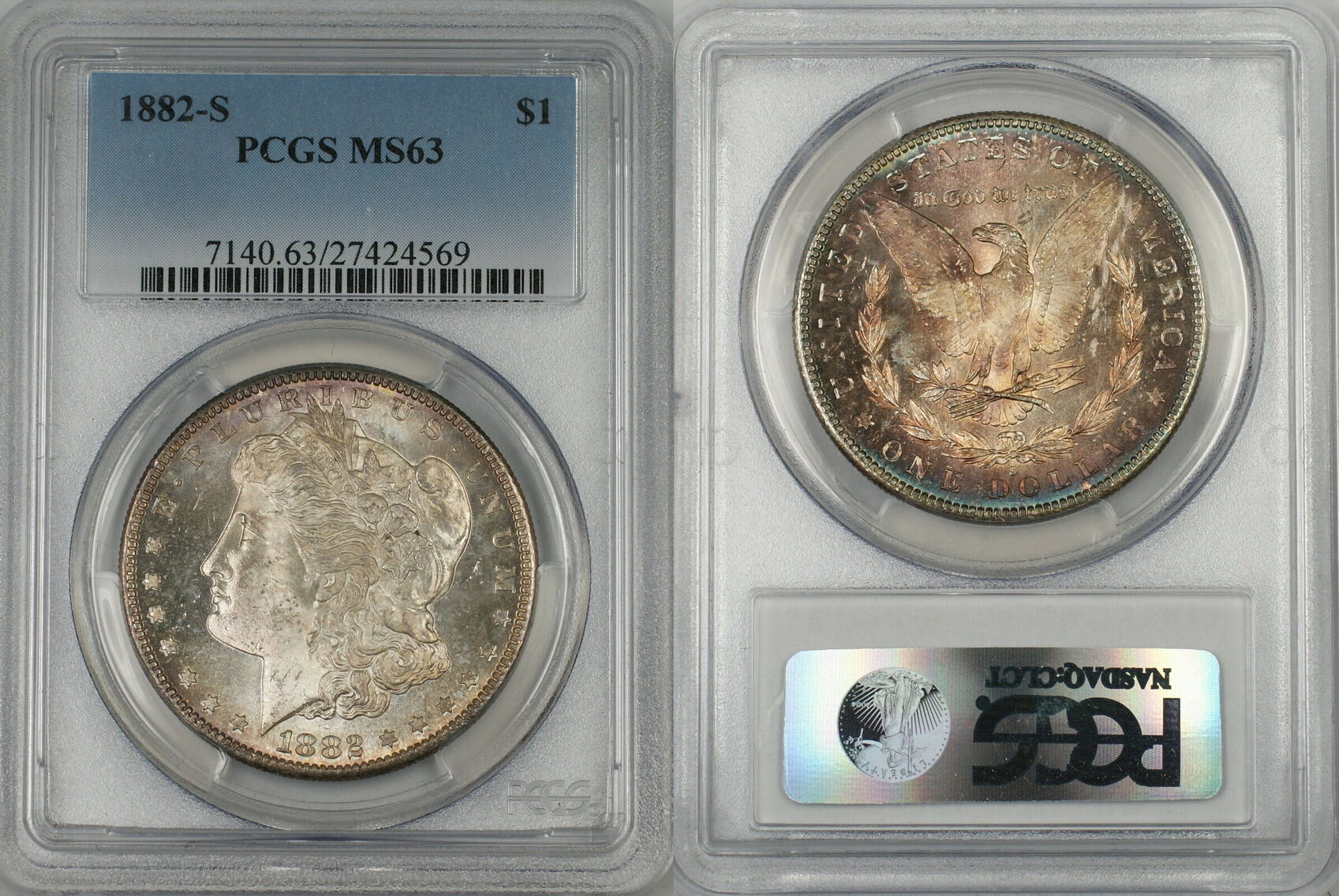 USA $1 Coin 1882-S Morgan Silver Dollar PCGS MS-63 Beautifully Toned (2C) PCGS MS-63 Beautifully ...