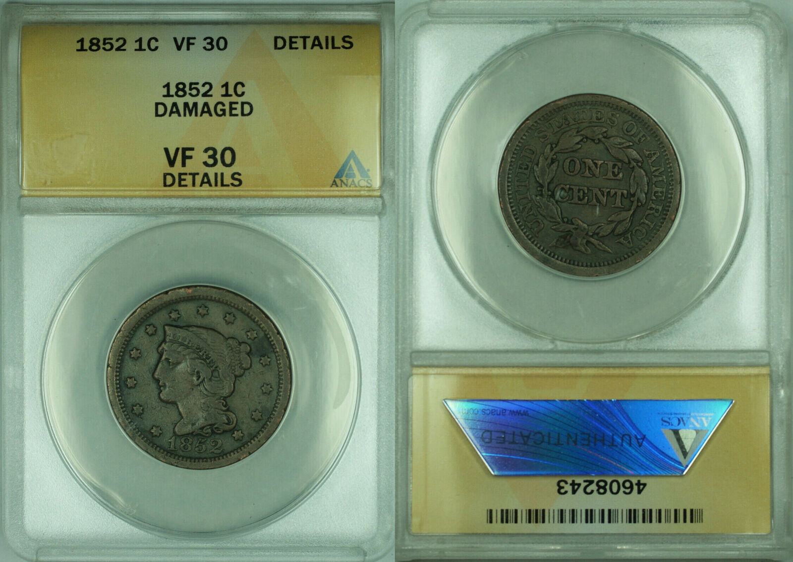 USA Large Cent 1852 Braided Hair 1c Coin ANACS VF-30 Details Damaged | MA-Shops