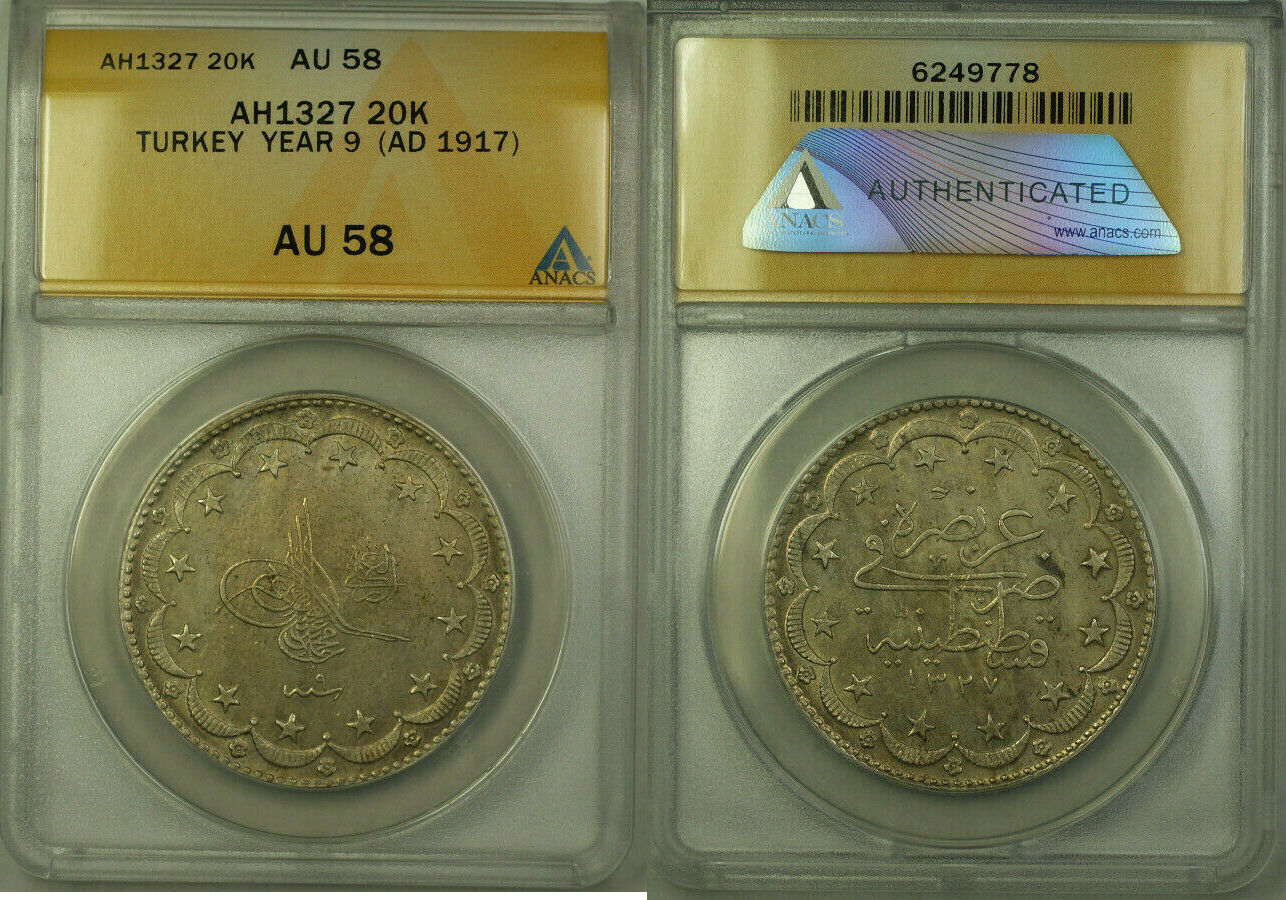 Weltmünzen 20 Kurus 1917 Turkey Year 9 AH1327 Silver Coin ANACS AU 58 KM#780 | MA-Shops