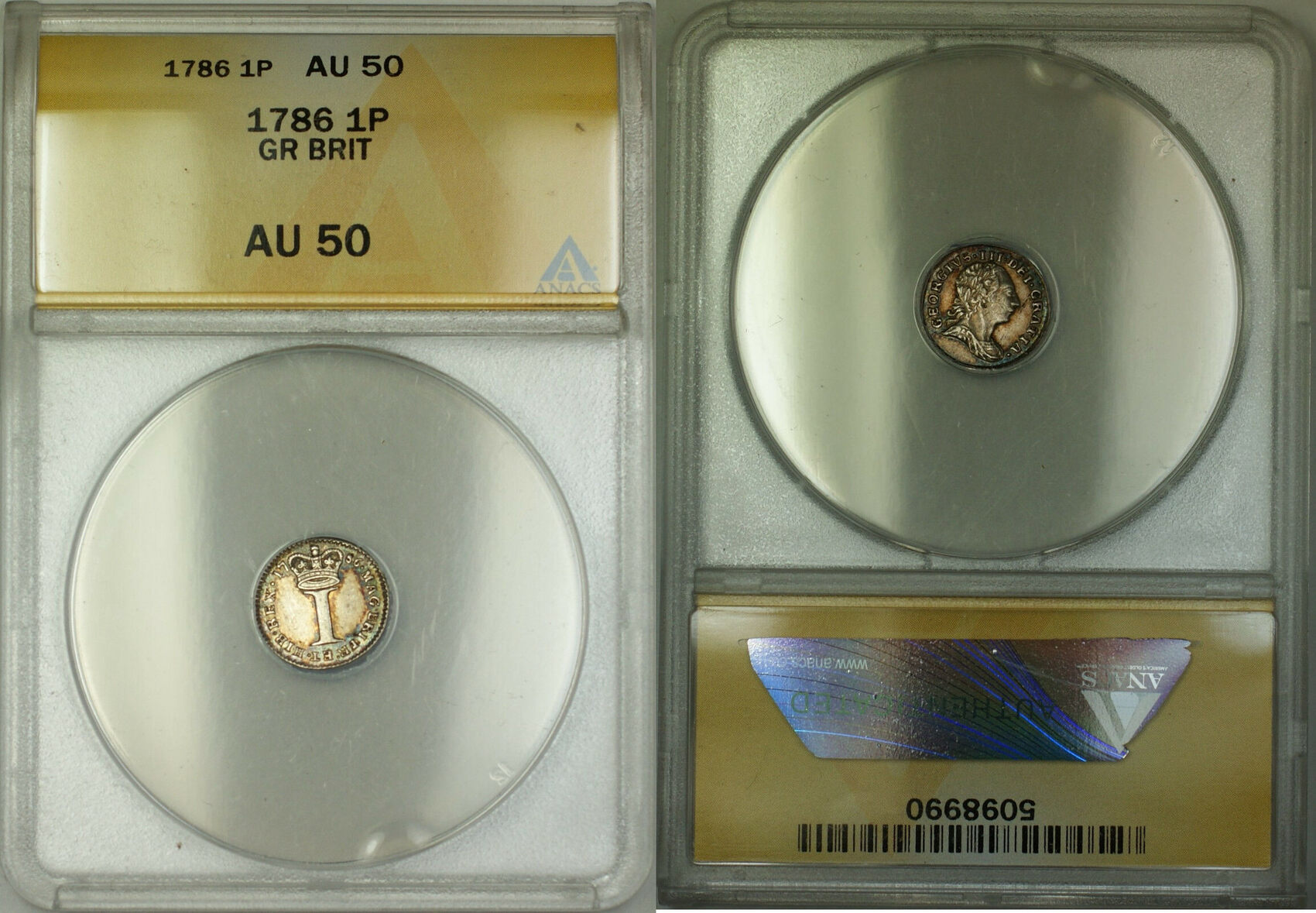 Weltmünzen Penny 1788 Great Britain Silver 1P Coin ANACS AU-50 | MA-Shops