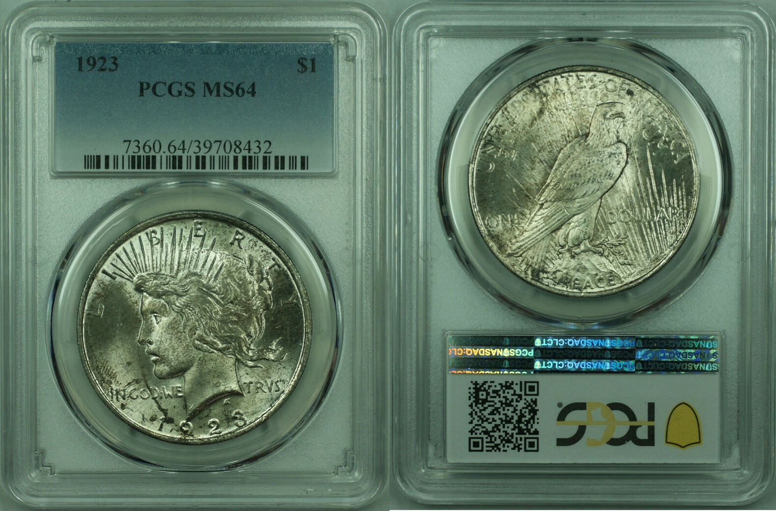 USA $1 Coin 1923 Peace Silver Dollar PCGS MS-64 Lightly Toned (29) J | MA-Shops