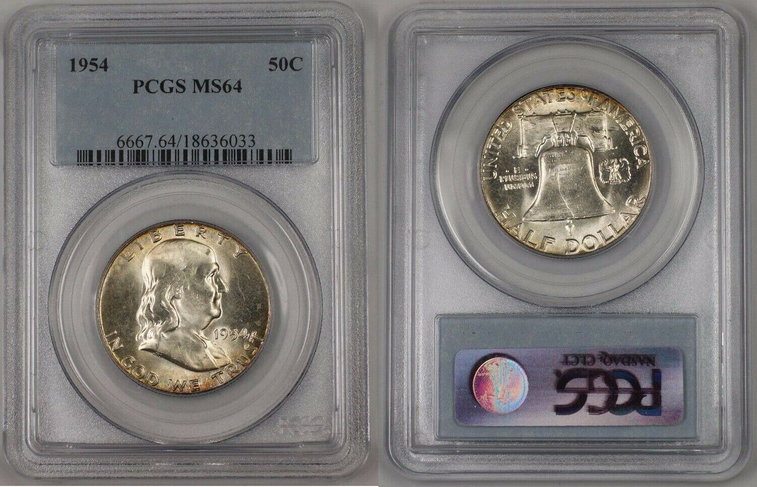 USA Half Dollar 1954 Franklin Silver 50c Coin Cond: PCGS MS-64 Peripheral Toning 1A! | MA-Shops