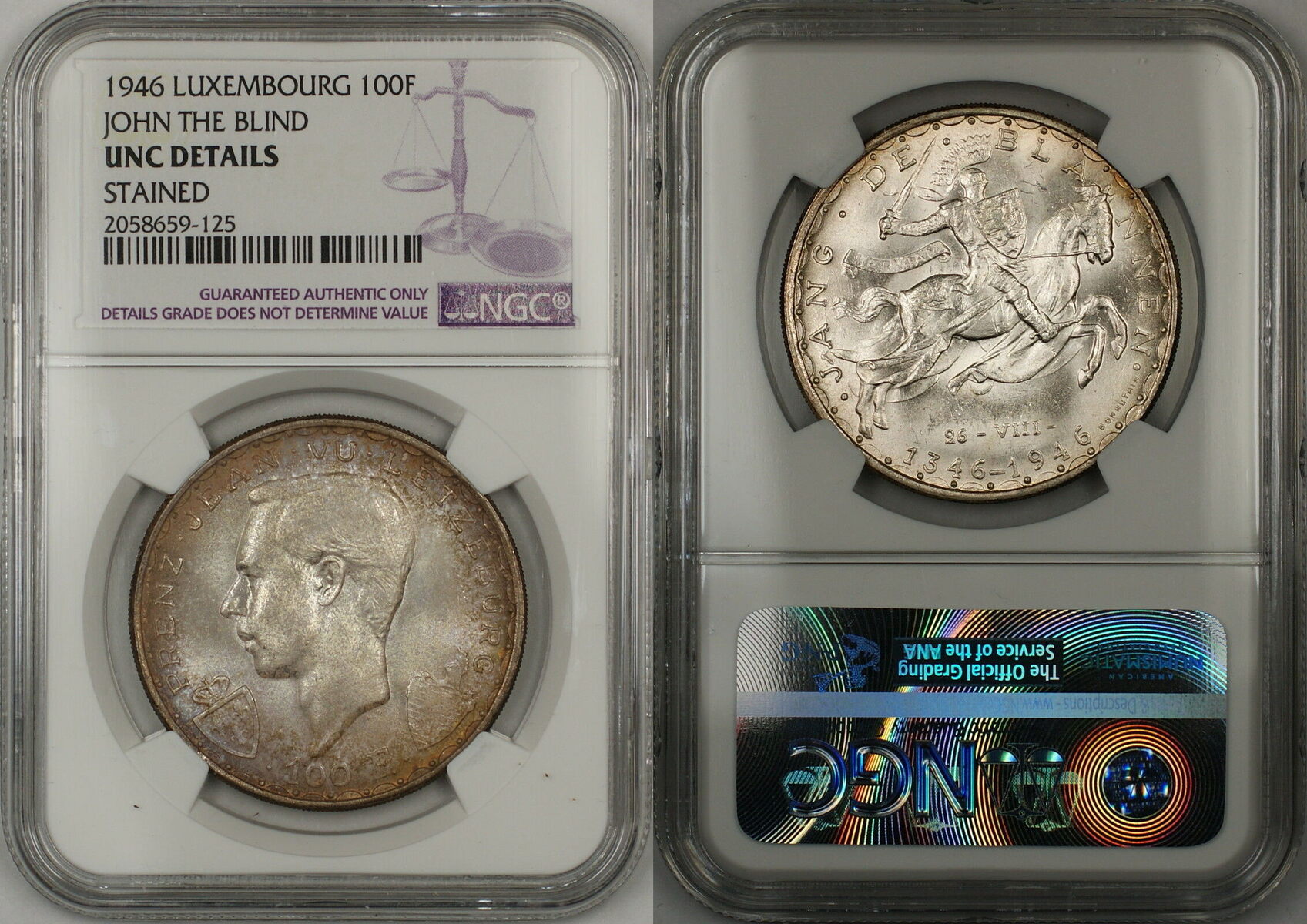 Weltmünzen 1946 Luxembourg John the Blind 100F Silver NGC UNC Details ...