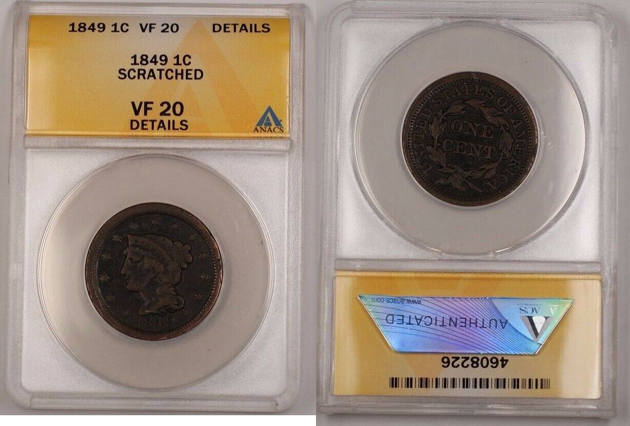 USA Large Cent 1849 US Braided Hair Coin ANACS VF-20 Details Scratched | MA-Shops