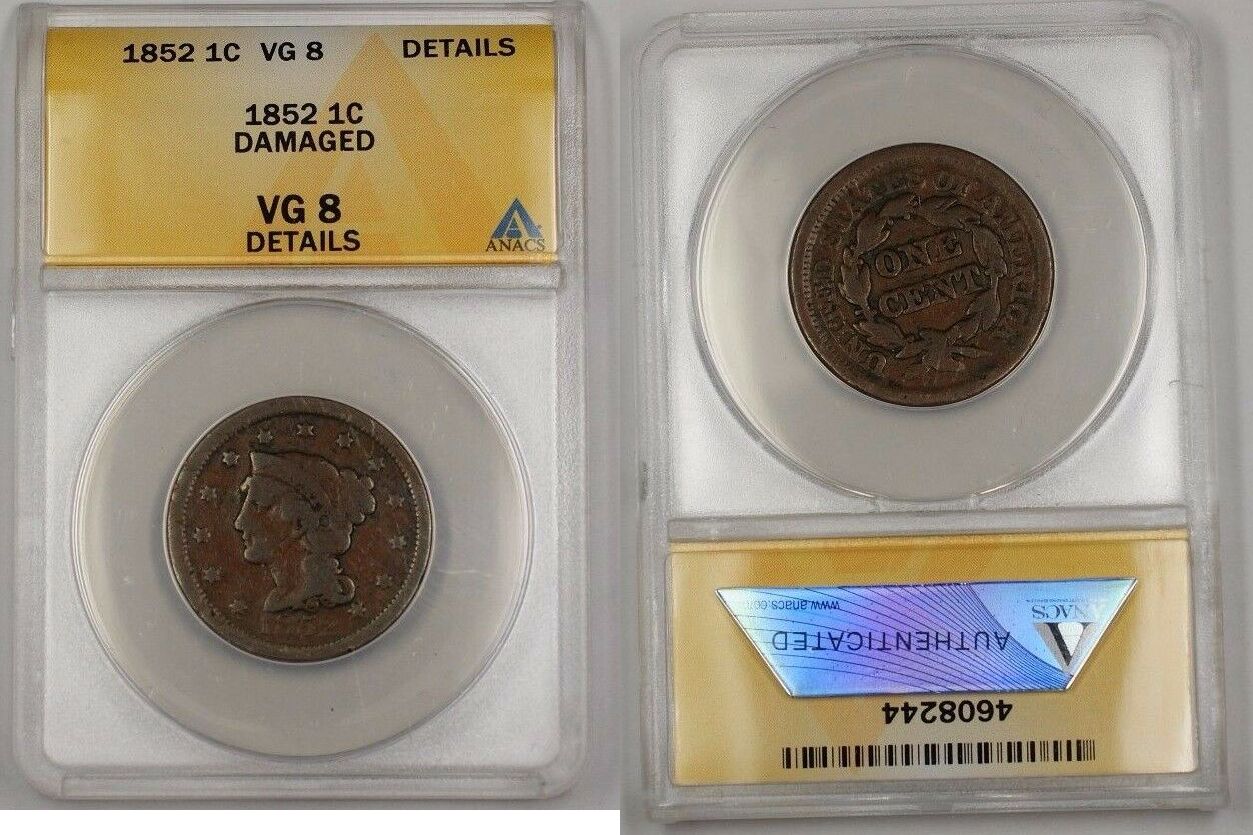 USA 1852 US Braided Hair Large Cent Coin ANACS VG-8 Details Damaged | MA-Shops