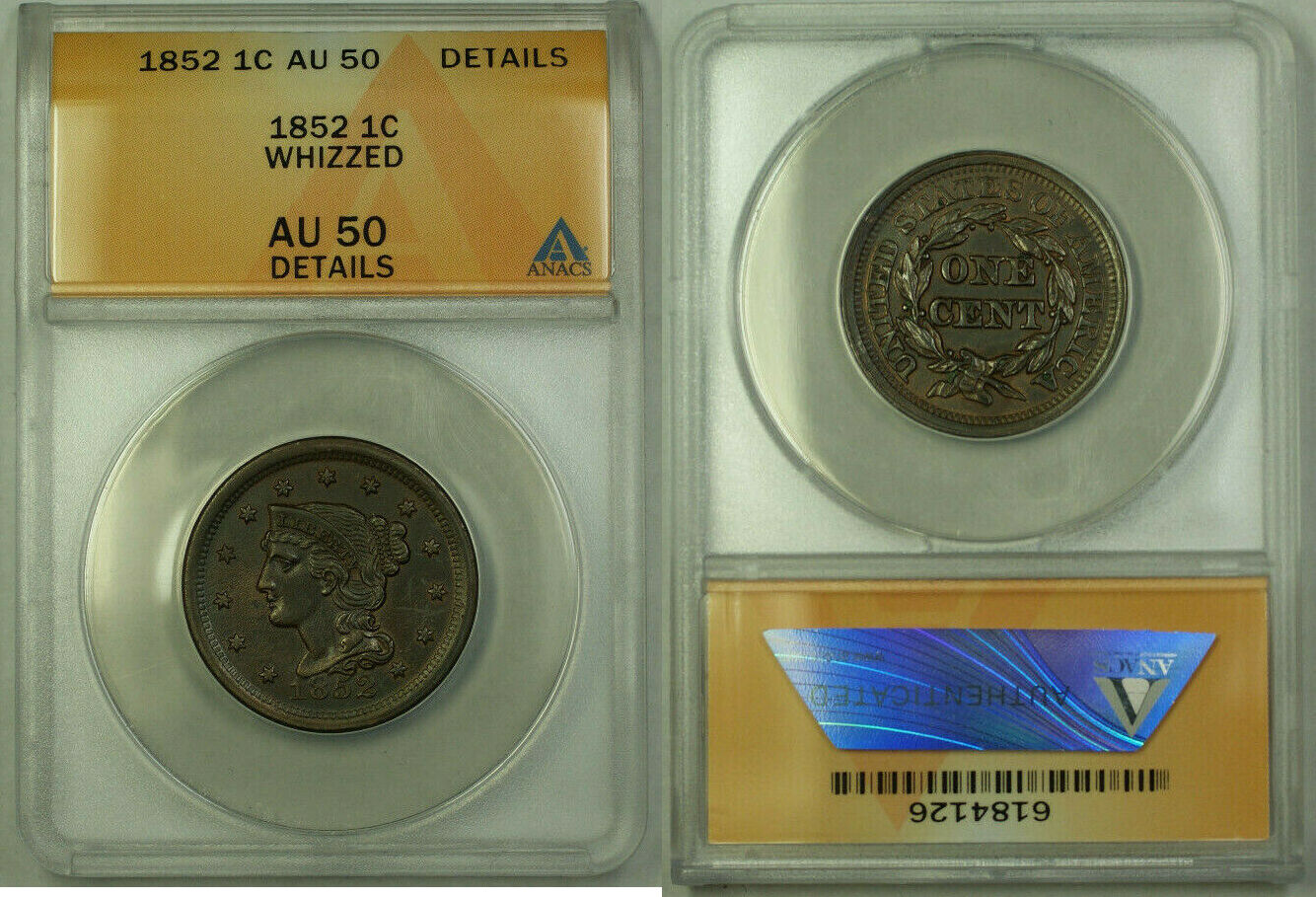 Large Cent 1852 Braided Hair 1c ANACS AU-50 Details (Better Coin) RJS ANACS AU-50 Details ...