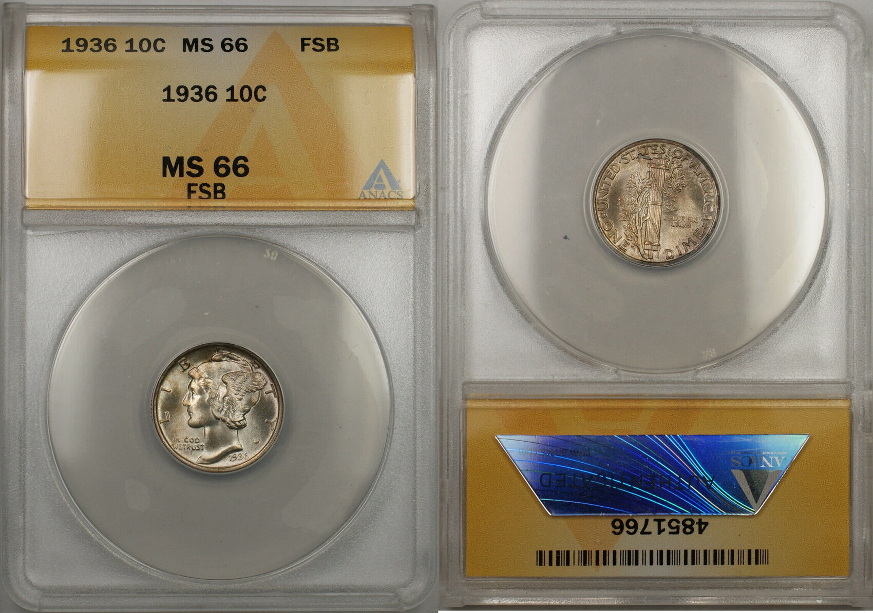 USA Dime 1936 Silver Mercury Coin 10C ANACS MS-66 Full Split Bands (Light Toning 10) MS-66 Full ...
