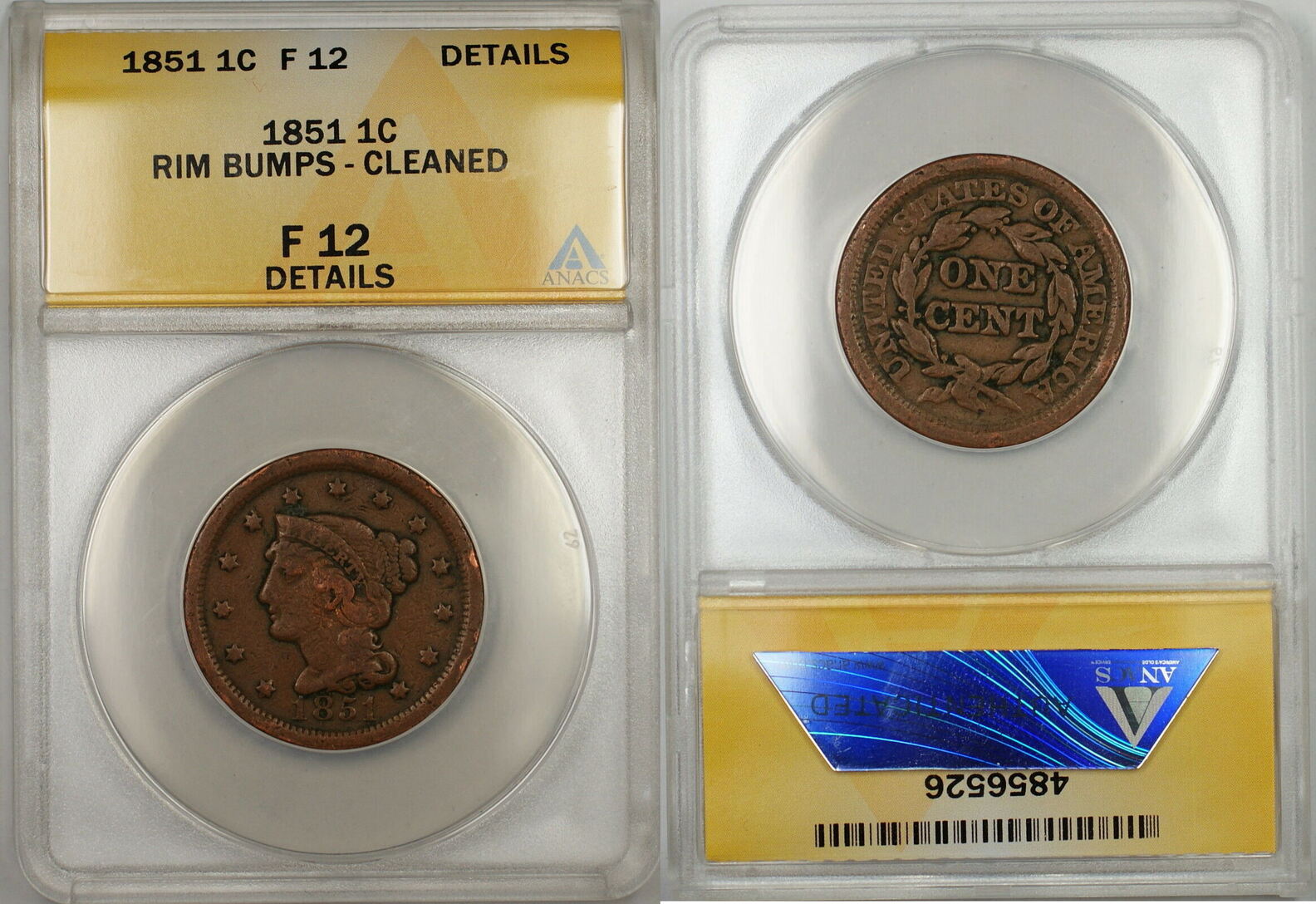 USA 1851 Braided Hair Large Cent 1c Coin ANACS F-12 Details Rim Bumps ...