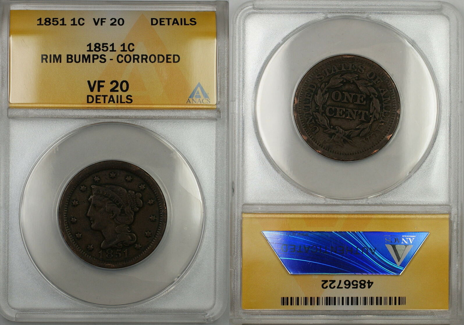 USA Large Cent 1851 Braided Hair 1c Coin ANACS VF-20 Details Corroded ...