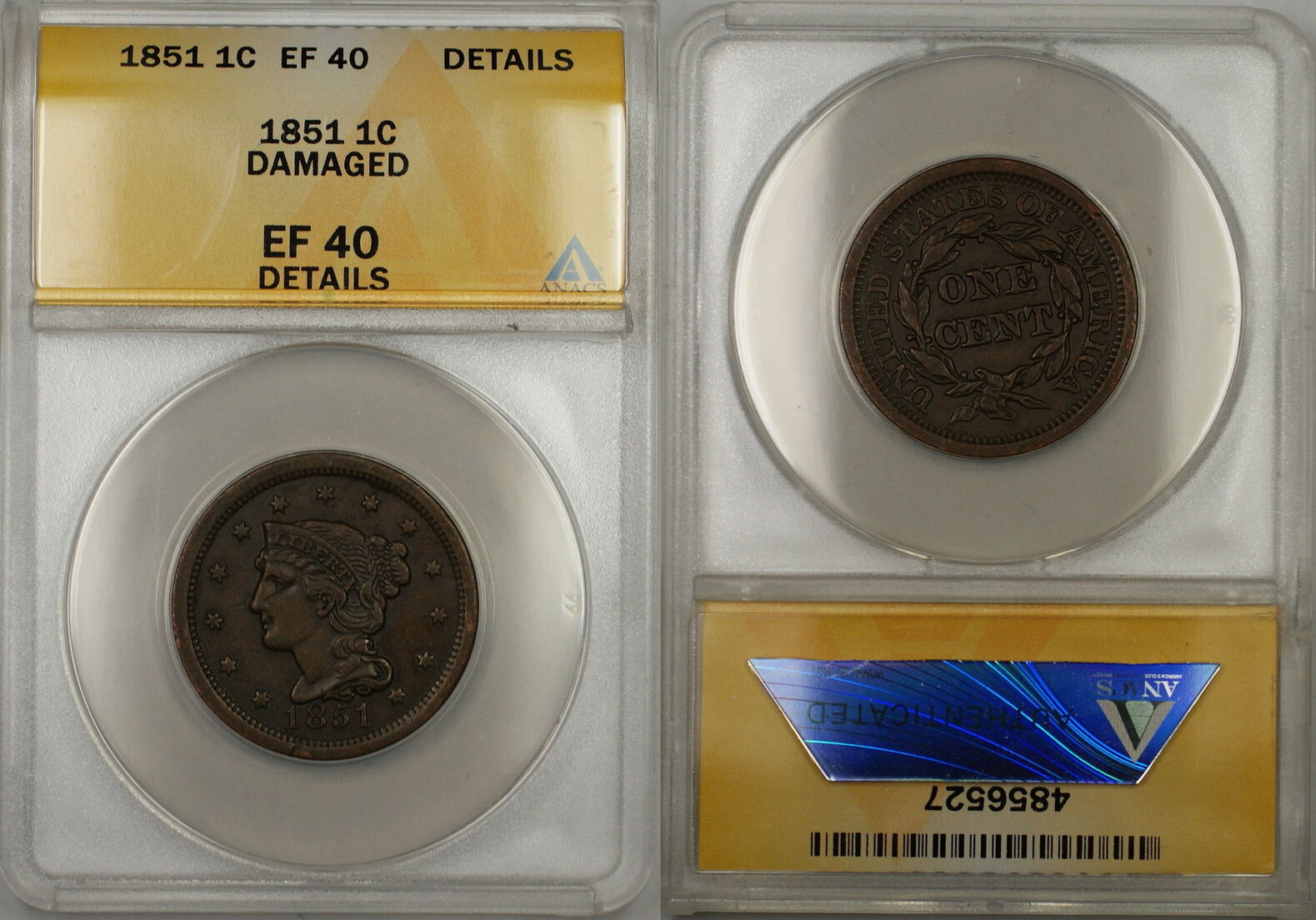 USA Large Cent 1851 Braided Hair 1c Coin ANACS EF-40 Details Damaged | MA-Shops