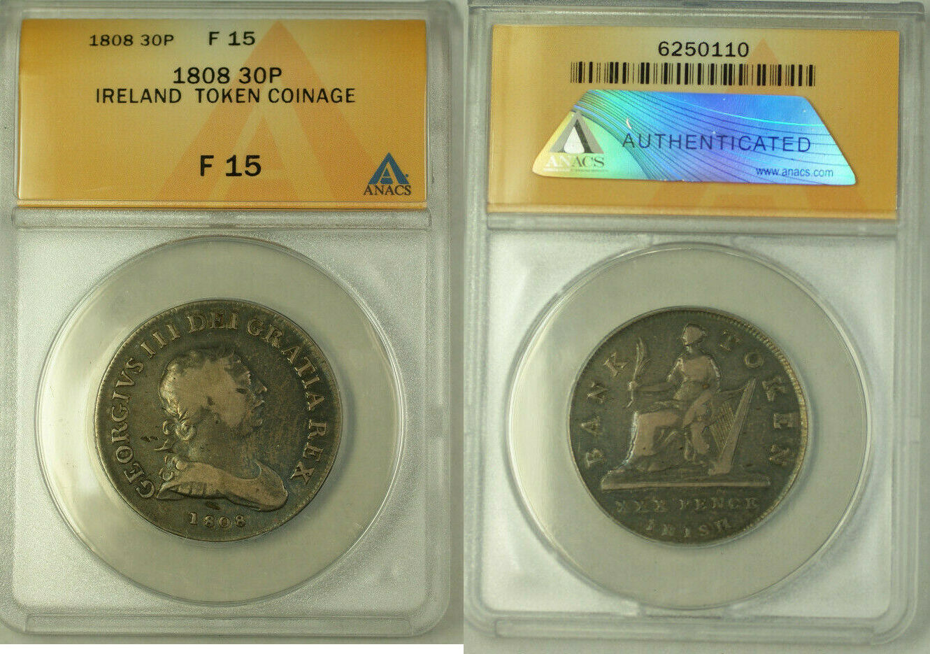 European CoinsIreland 1808 Ireland Silver 30 Pence Token Coinage ANACS ...