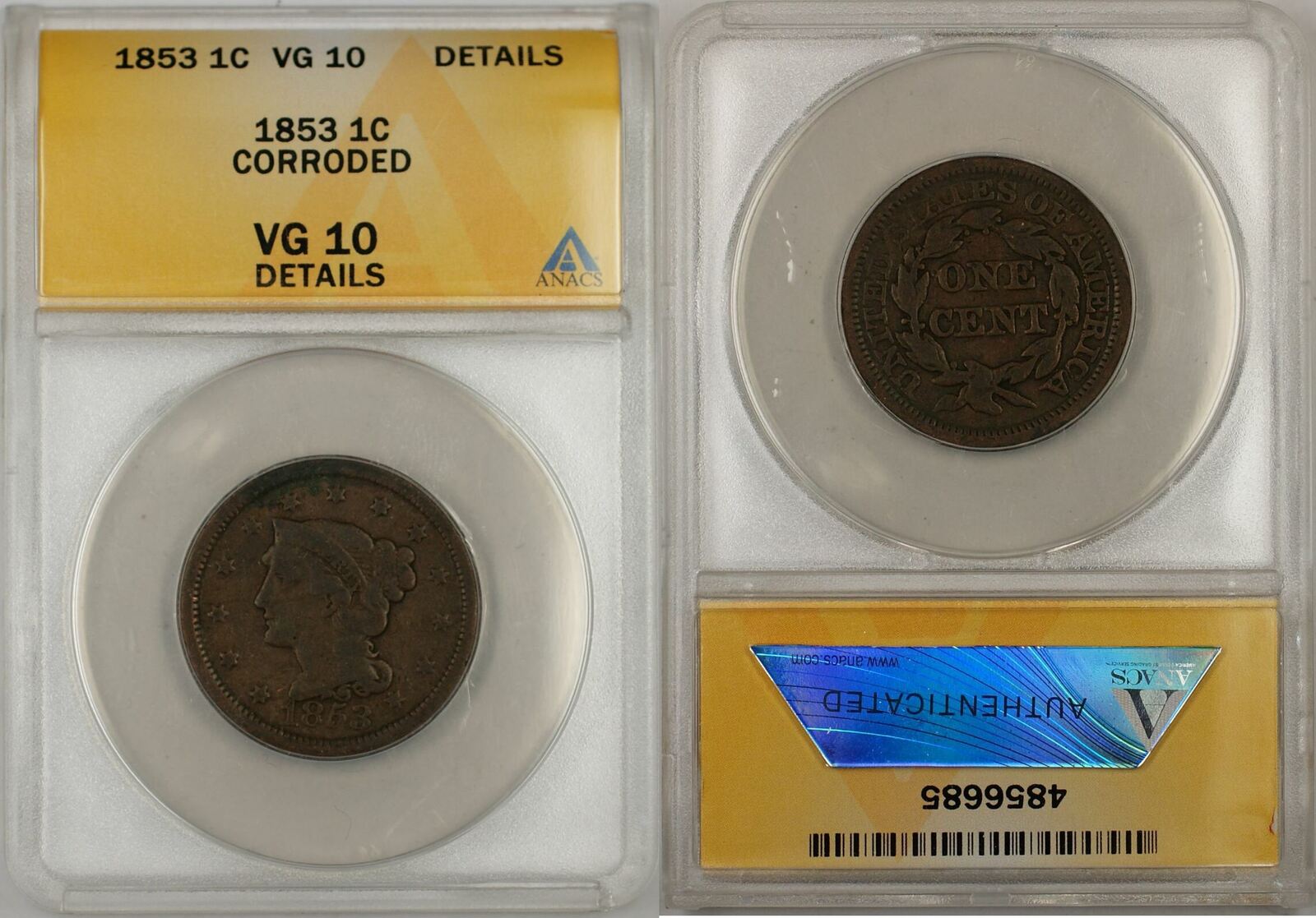 Large Cent 1853 Braided Hair 1C Coin ANACS VG 10 Details Corroded | MA-Shops