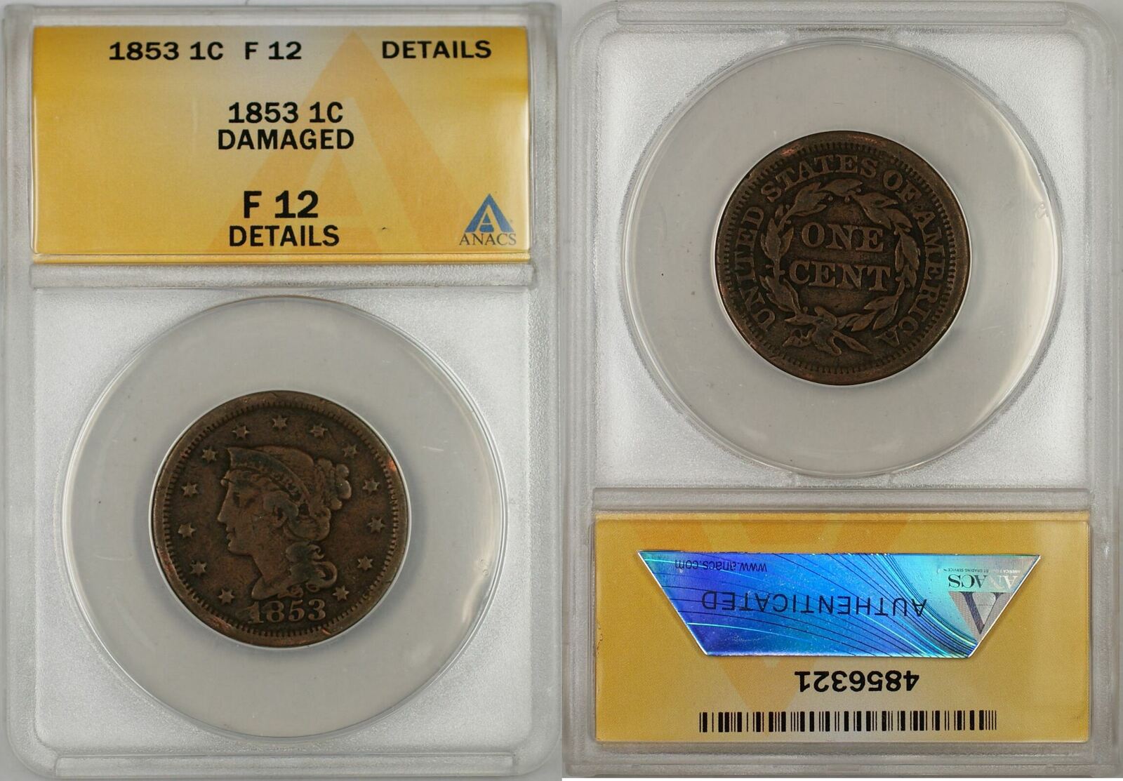 USA 1853 Braided Hair Large Cent 1C Coin ANACS F 12 Details Damaged | MA-Shops