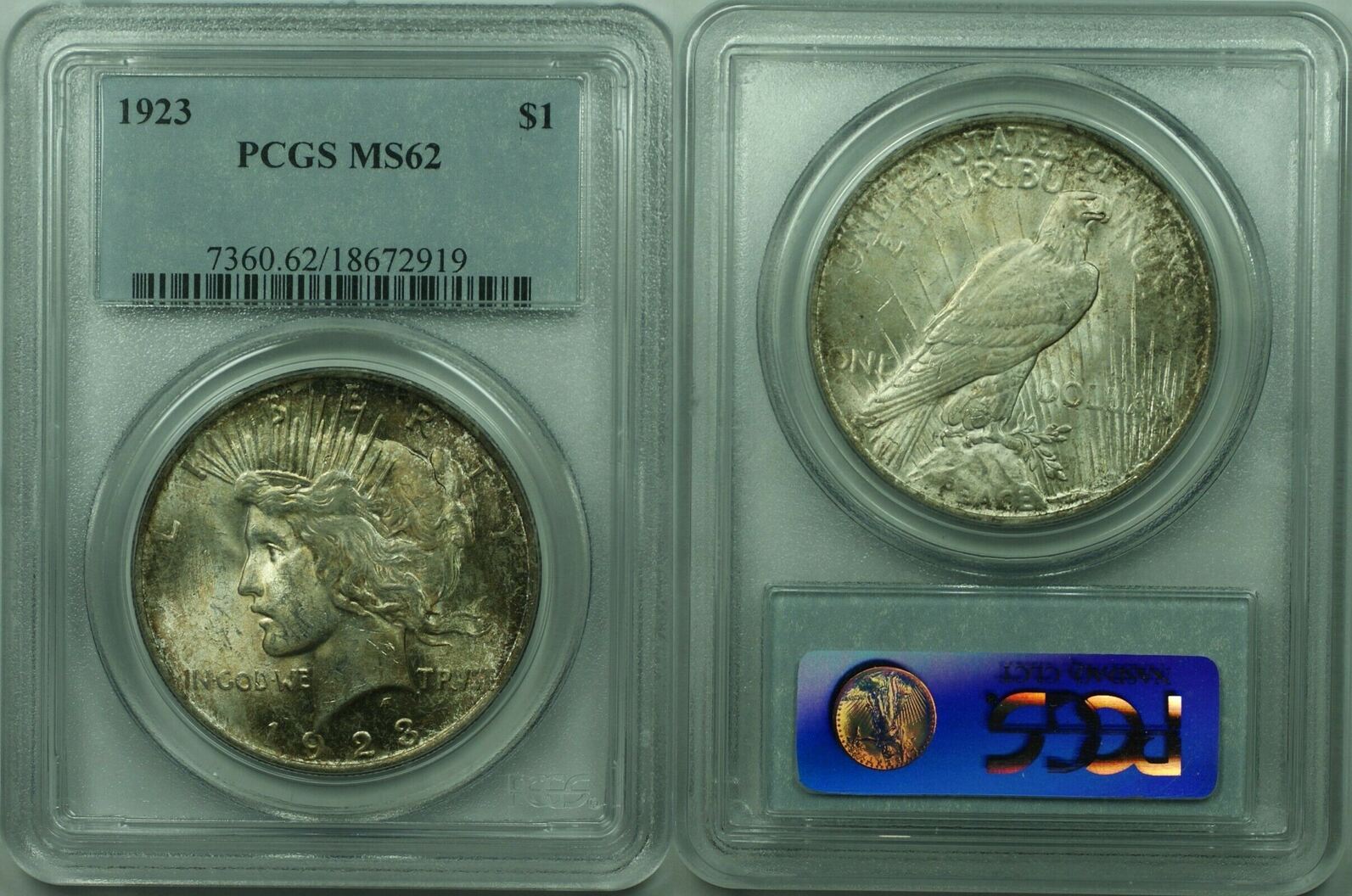 USA $1 Coin 1923 Peace Silver Dollar PCGS MS-62 Toned (36) A | MA-Shops