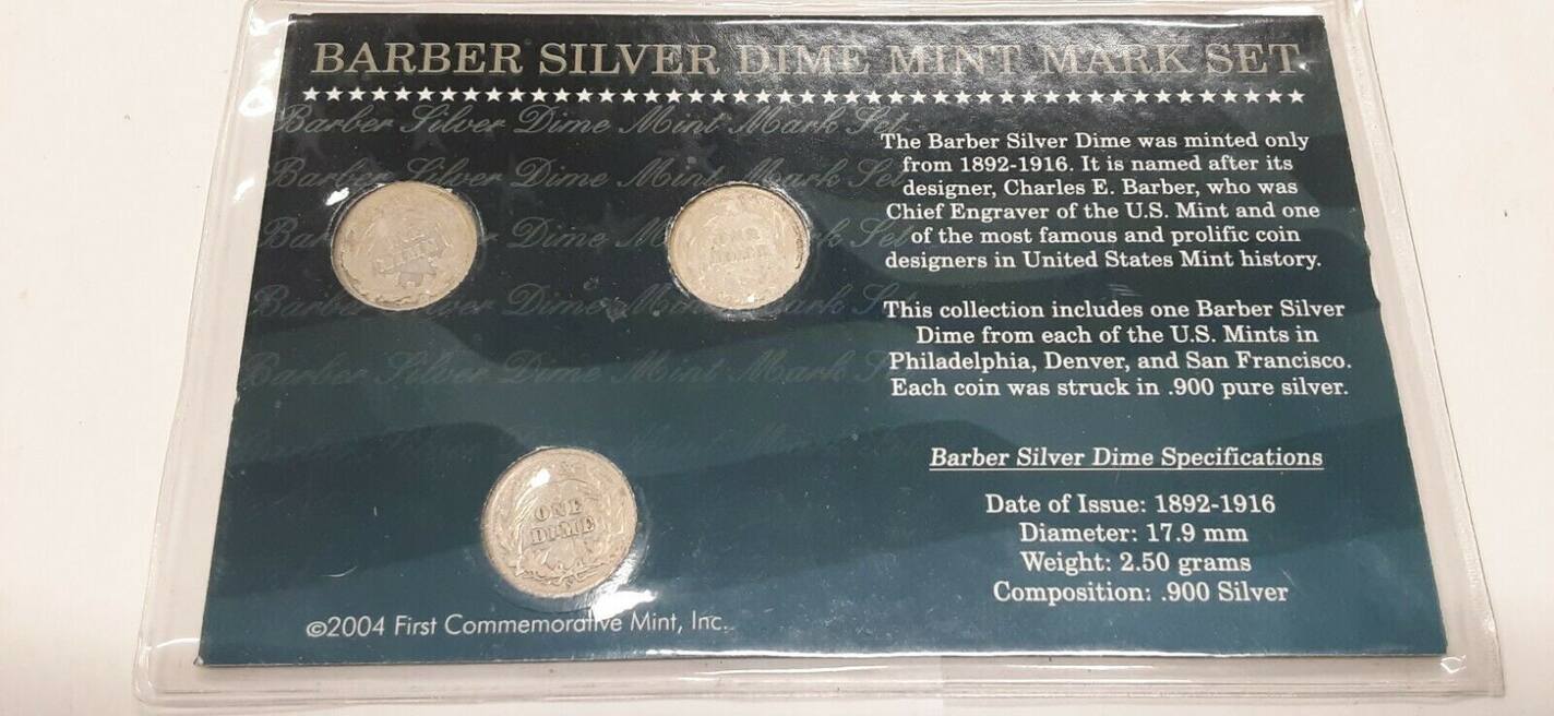 USA Barber Dime Mint Mark Collection 3 Coins P, D & S Mint in Holder ...