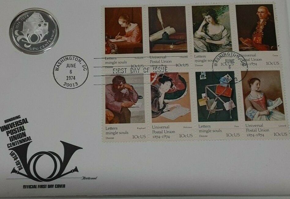 Exonumia Medal 1974 Commemorative Silver Proof -Universal Postal Union 100th-FDC W/Stamps Proof ...