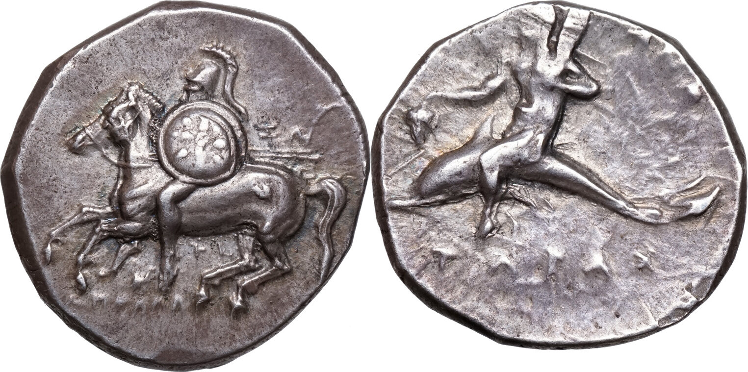 Calabria, TARENT (~280-272 BCE) AR Stater Reiter, Phalanthos reitet auf ...