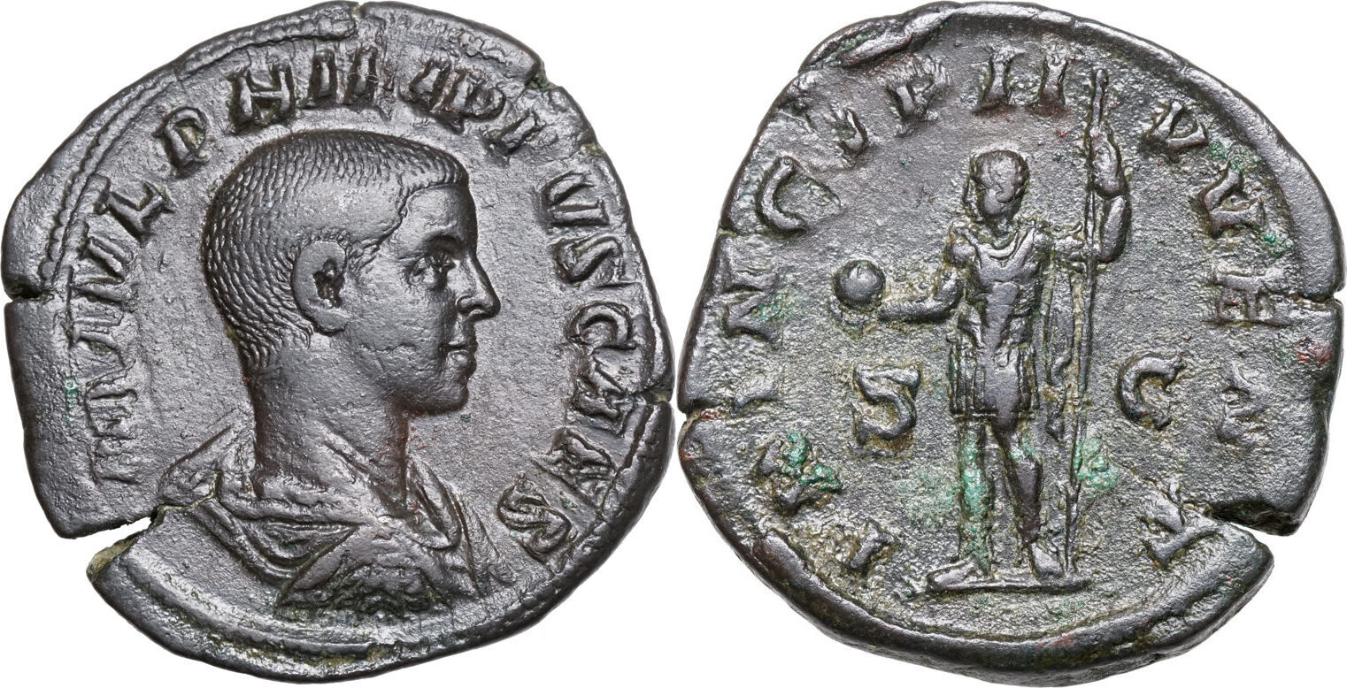 Philipp II. (247-249) AE Sesterz Rom, Caesar mit Lanze und Globus VF ...
