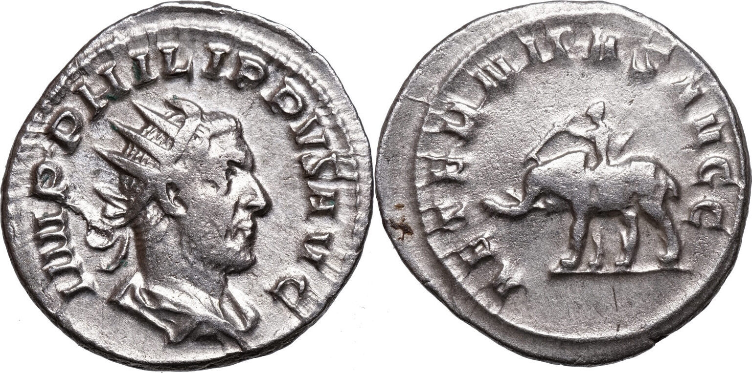 Philippus I. Arabs (244-249) AR Antoninian Rom, ELEFANT mit Reiter VF ...