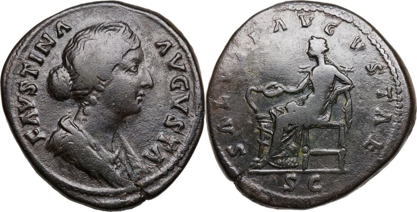 FAUSTINA II. (Augusta, 147-175) Sesterz Rom, SALUS füttert Schlange VF ...