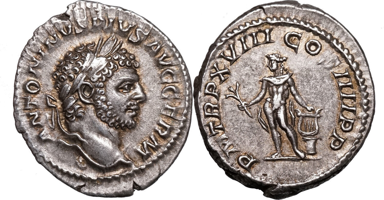 Caracalla (198-217) AR Denar Rom, APOLLO mit Zweig und Lyra, darunter ...
