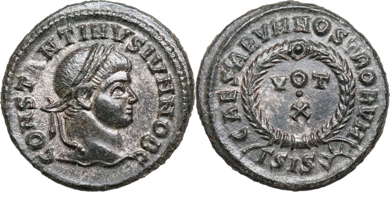 Constantinus II. (Caesar, 316-337) Follis Siscia, VOT X im Kranz EF ...