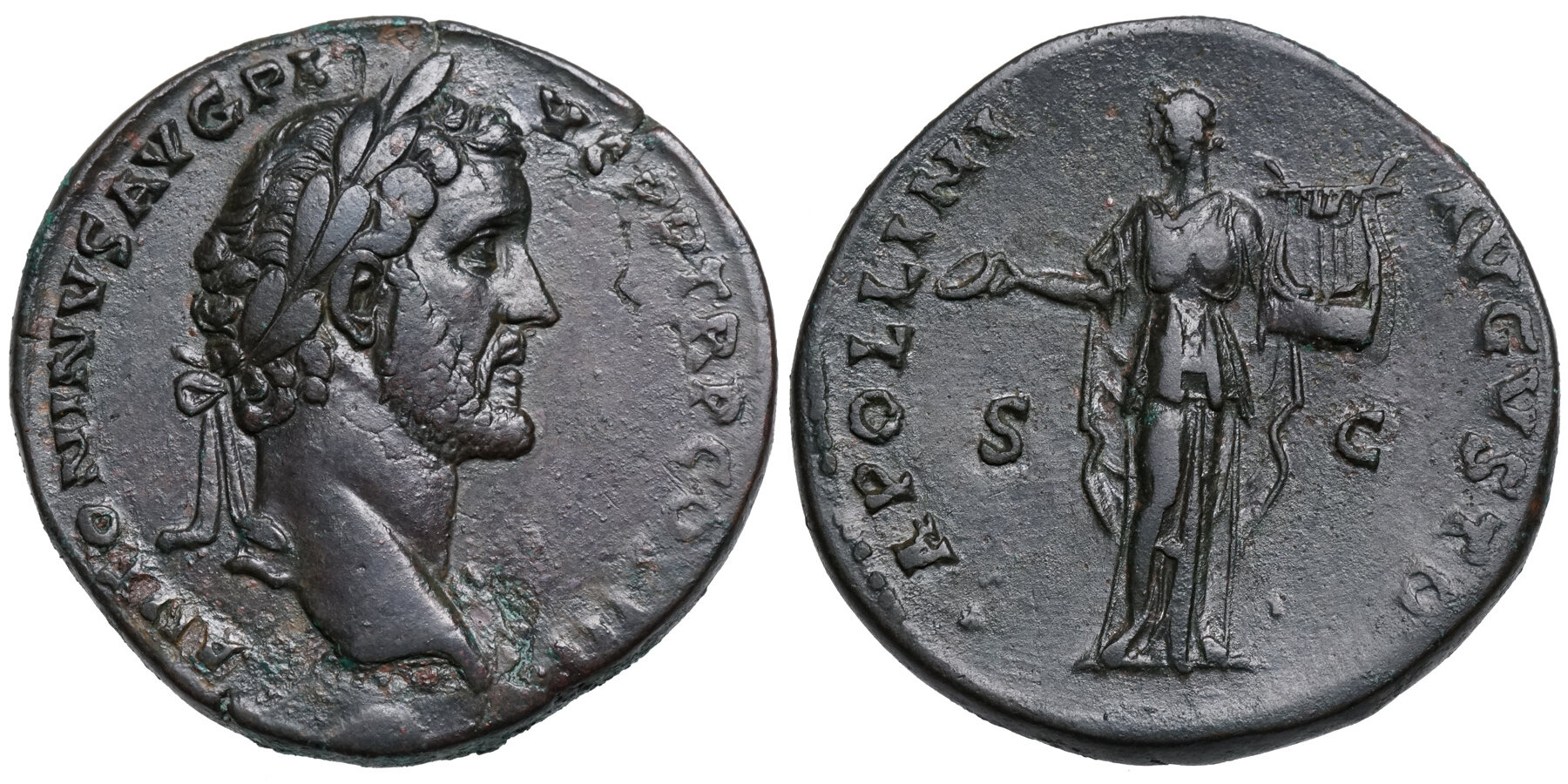 Antonius Pius (138-161) Æ Sesterz Rom. APOLLO hält Patera und LYRA ...