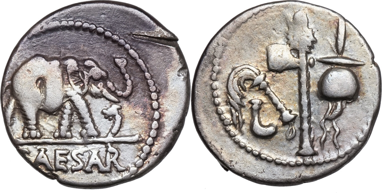 C. Julius Caesar (49-48 BCE) AR Denar Heeresmünzstätte, ELEFANT ...