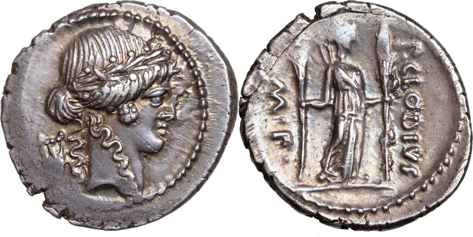 P. Clodius Turrinus (42 BCE) AR Denar Rom, APOLLO/DIANA EF | MA-Shops