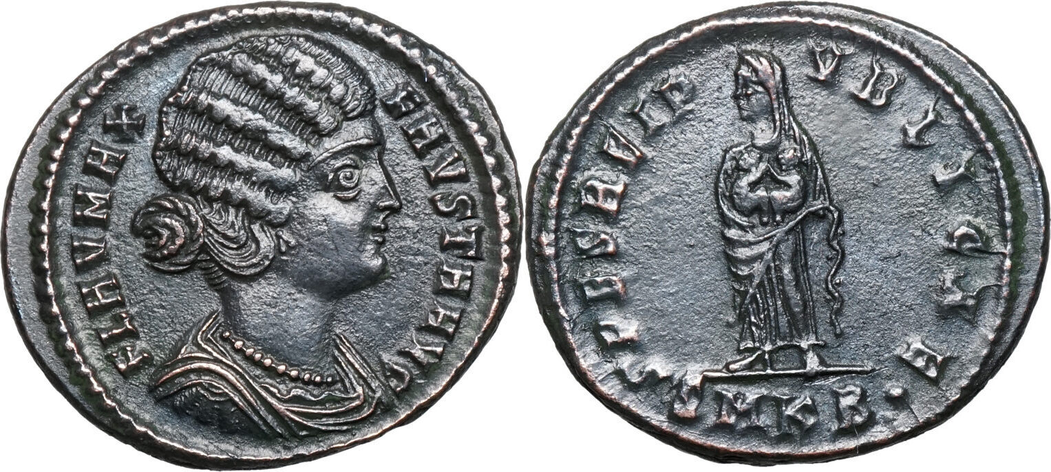 Fausta Augusta (324-326) Follis Cyzicus, Fausta/Spes hält Kinder, TOP ...
