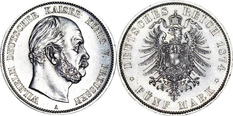 PREUSSEN 5 Mark 1874 A J 97 geprägt unter Kaiser Wilhelm I., TOP fast ...