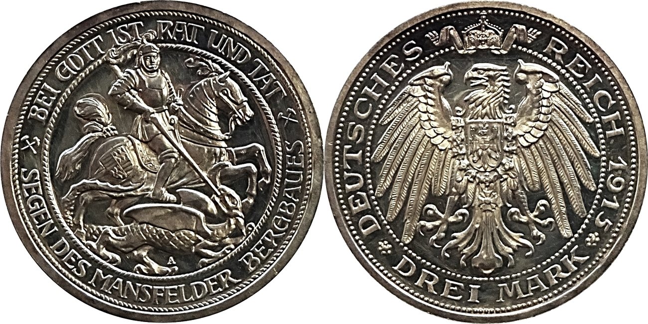 PREUSSEN 3 Mark 1915 A Jäger 115, ST Georg Mansfeld, TOP Proof | MA-Shops