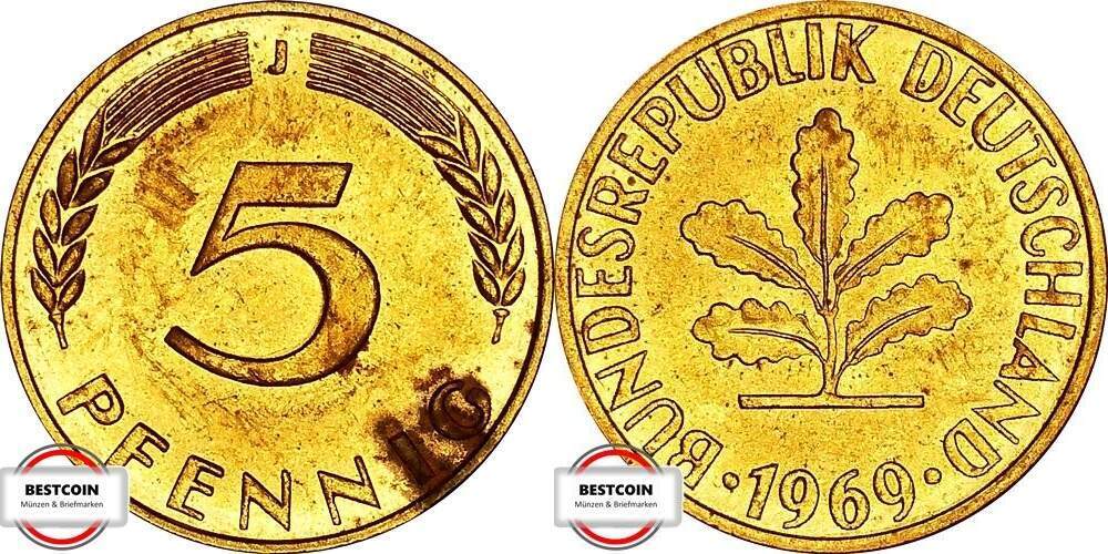 BRD 5 Pfennig 1969 J J 382-Kursmünze STG-RF | MA-Shops