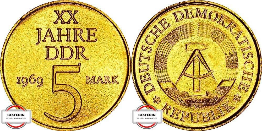5 Mark 1969 J 1524 - 20 Jahre DDR - vergoldet fast STG | MA-Shops