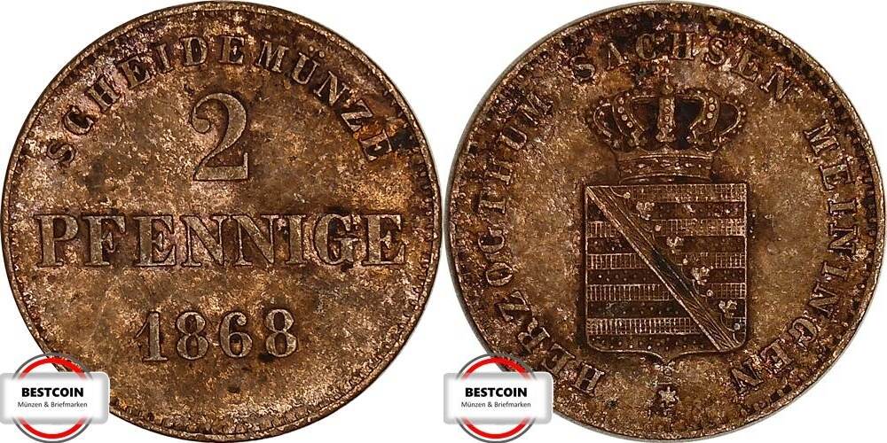 SACHSEN 2 PFENNIGE 1868 AKS 220 VF+ | MA-Shops