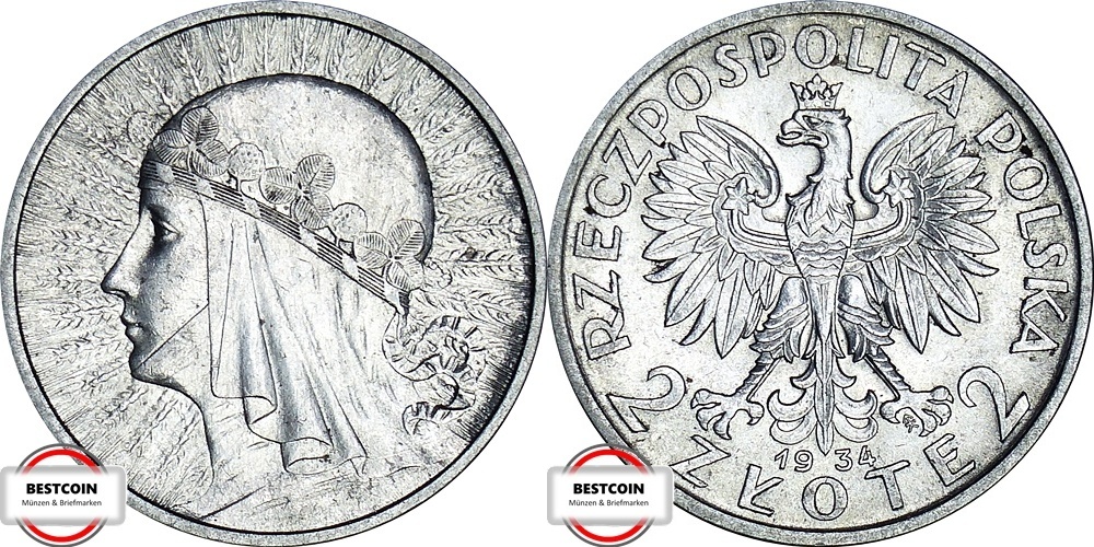 POLEN 2 Zloty 1934 KM 20 - Frauenkopf als Personifikation der Republik VZ-STG | MA-Shops