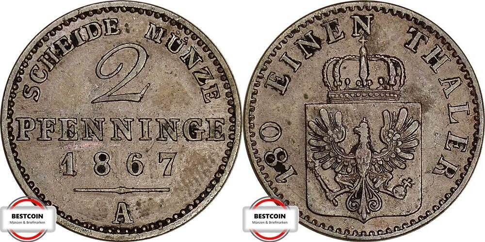 PREUSSEN 2 Pfennige 1867 A AKS 107- geprägt unter Wilhelm I. EF | MA-Shops