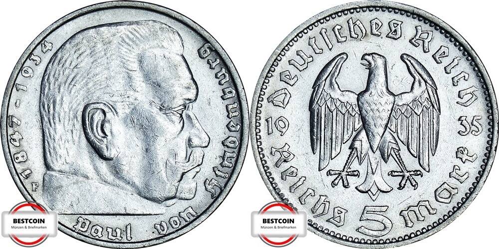DRITTE REICH 5 Reichsmark 1935 F J 360 - Paul von Hindenburg VF-EF | MA ...
