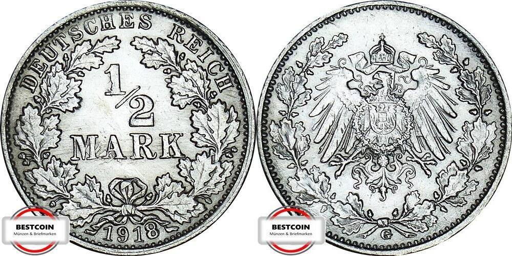 KAISERREICH 1/2 Mark 1918 G J 16 - Kursmünze EF | MA-Shops