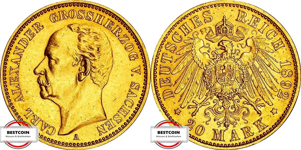 SACHSEN-WEIMAR-EISENACH 20 Mark 1892 A J 282 - Großherzog Carl ...