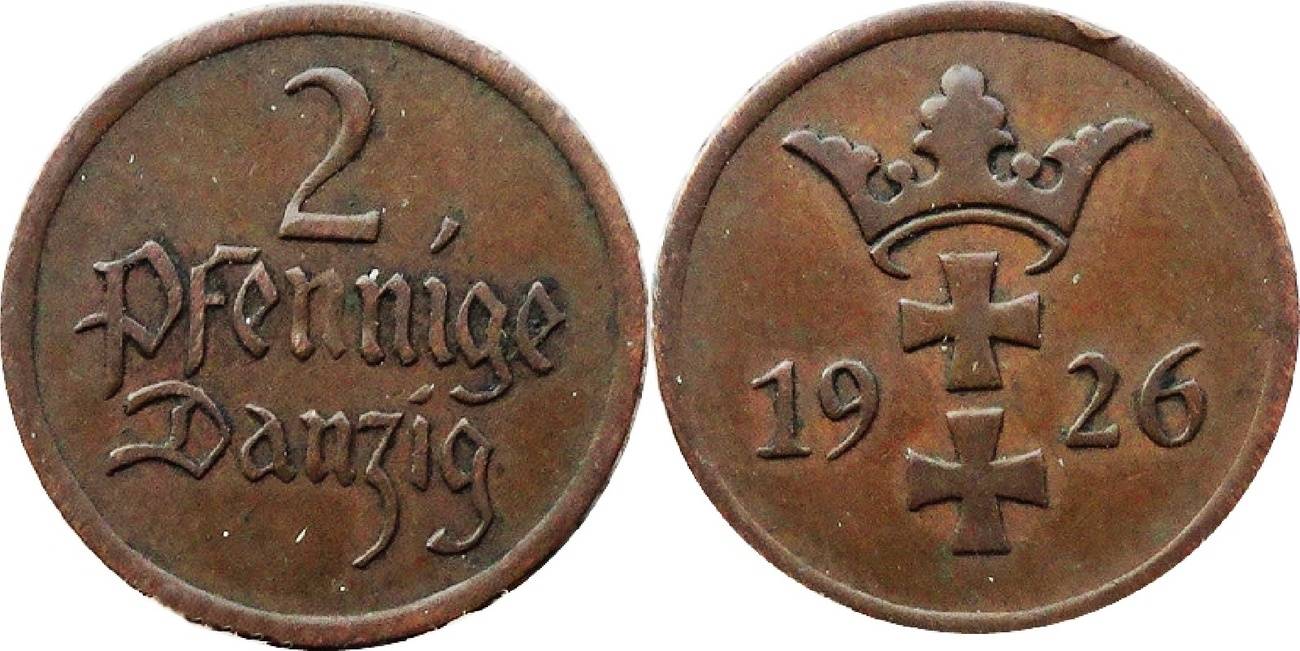 2 Pfennig 1926 J D 3 Kursmünze des Freistaates Danzig VF+ | MA-Shops