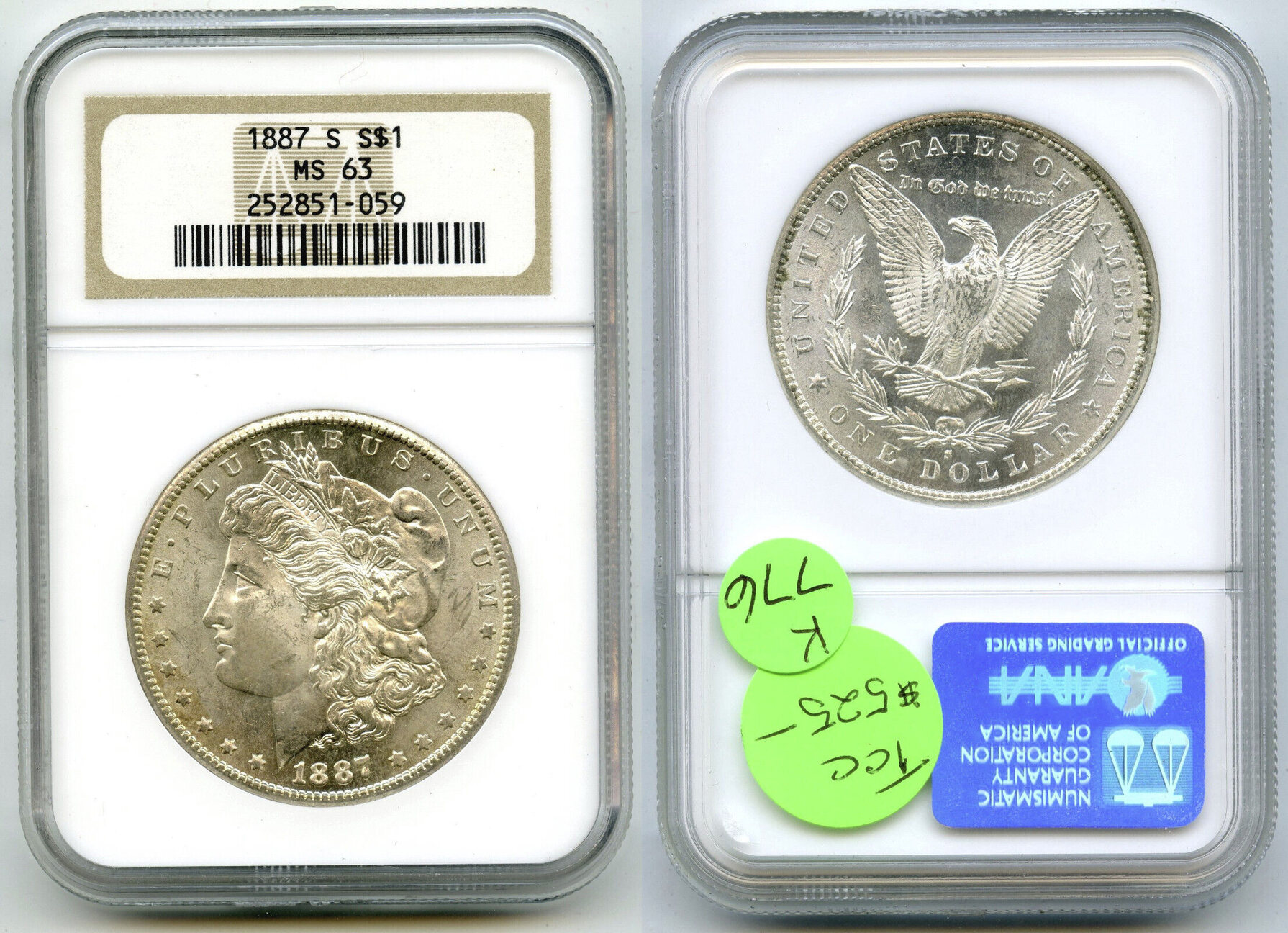 USA Dollar 1887-S Morgan Silver NGC MS63 Certified - San Francisco Mint - K776 | MA-Shops