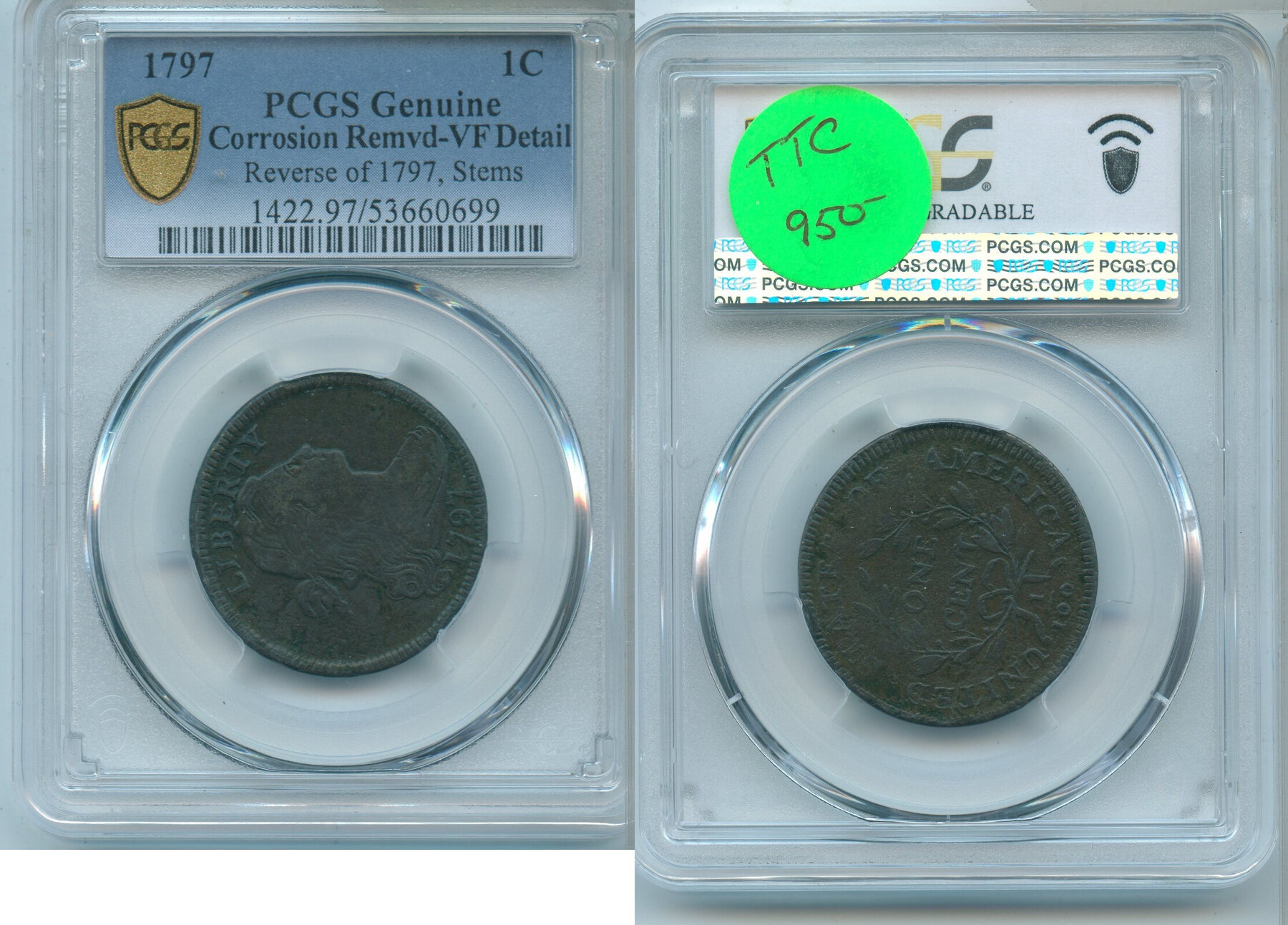 USA Large Cent 1797 Draped Bust Reverse of '97, Stems PCGS VF Copper Coin - RK477 | MA-Shops