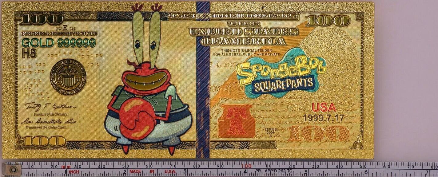 USA Mr Krabs Spongebob Cartoon $100 Novelty 24K Gold Foil Plated Note ...
